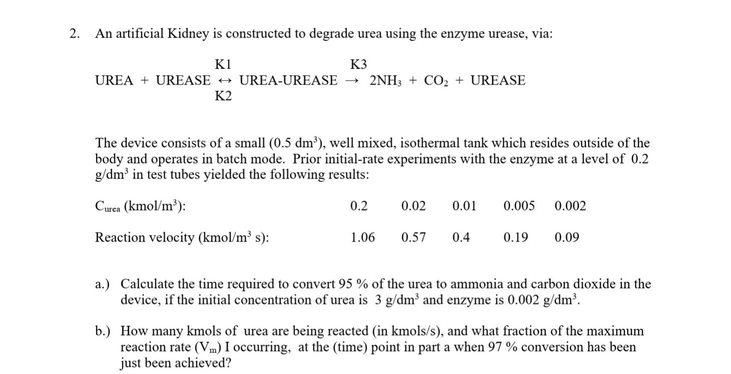 Solved An artificial Kidney is constructed to degrade urea | Chegg.com