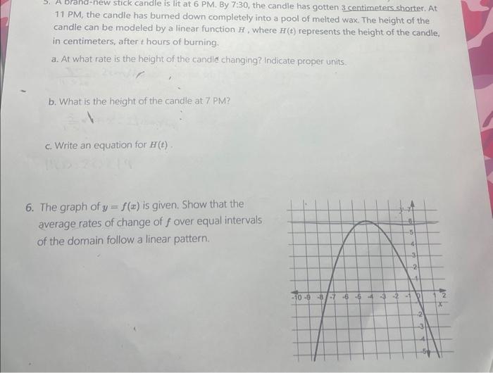 Solved 5. A brand-new stick candle is tit at 6PM. 8 y 7:30, | Chegg.com