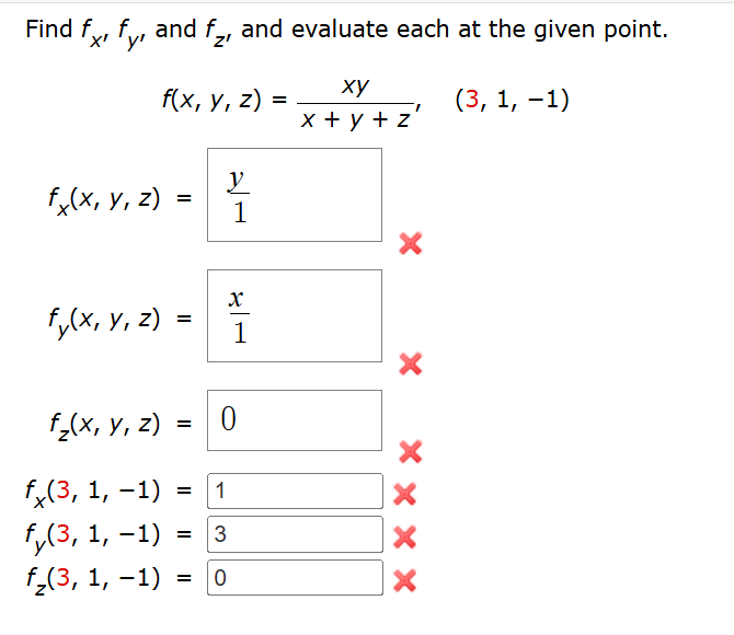 Solved Find fx',fy' ﻿and fz' ﻿and evaluate each at the given | Chegg.com