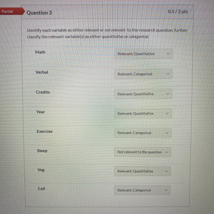 Solved 0.5/2 pts Partial Question 3 Identify each variable | Chegg.com Solved 0.5/2 pts Partial Question 3 Identify each variable | Chegg.com