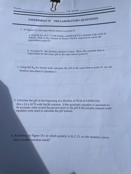 Solved Name: -Lab Section EXPERIMENT 19 PRE-LABORATORY QUEST | Chegg.com
