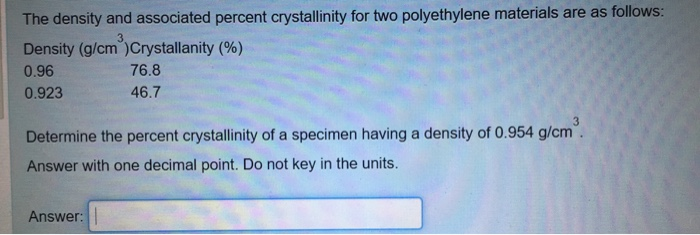 Solved The density and associated percent crystallinity for | Chegg.com