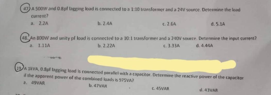 Solved (47) A 500W and 0.8pf lagging load is connected to a | Chegg.com