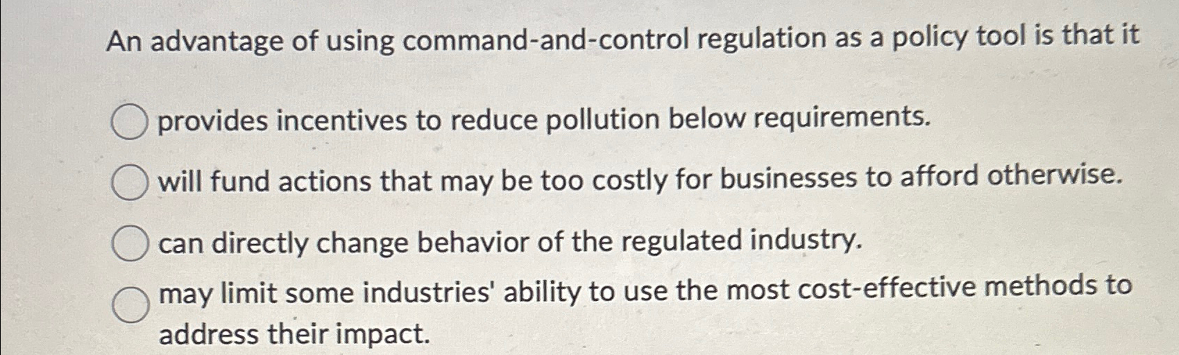 Solved An advantage of using command-and-control regulation | Chegg.com