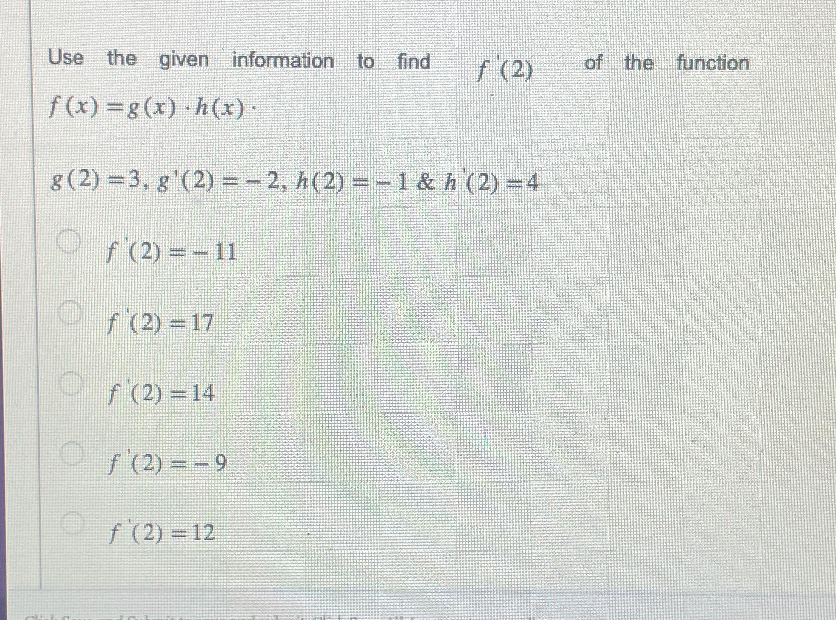 Solved Use the given information to find f'(2) ﻿of the | Chegg.com