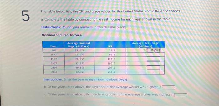 Solved The table below lists the CPI and wage values for the | Chegg.com