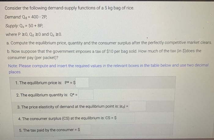 Solved Consider the following demand-supply functions of a 5 | Chegg.com