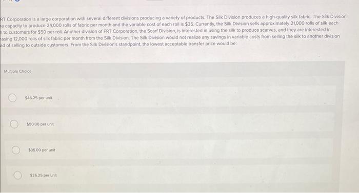 Solved RT Corporation is a large corporation with several | Chegg.com