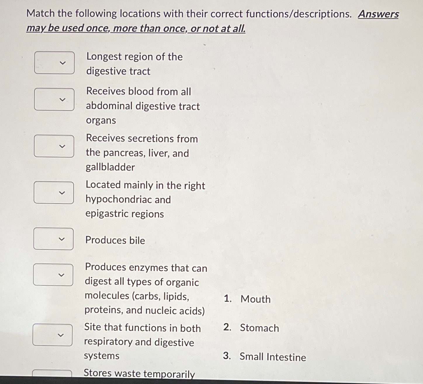 Solved Match the following locations with their correct | Chegg.com