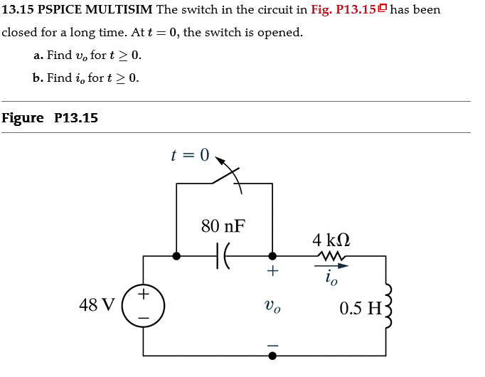 Solved 13.15 ﻿PSPICE MULTISIM The switch in the circuit in | Chegg.com