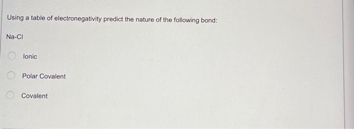 Solved Using a table of electronegativity predict the nature | Chegg.com