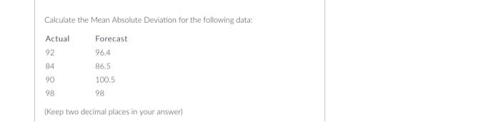 Solved Calculate the Mean Absolute Deviation for the | Chegg.com