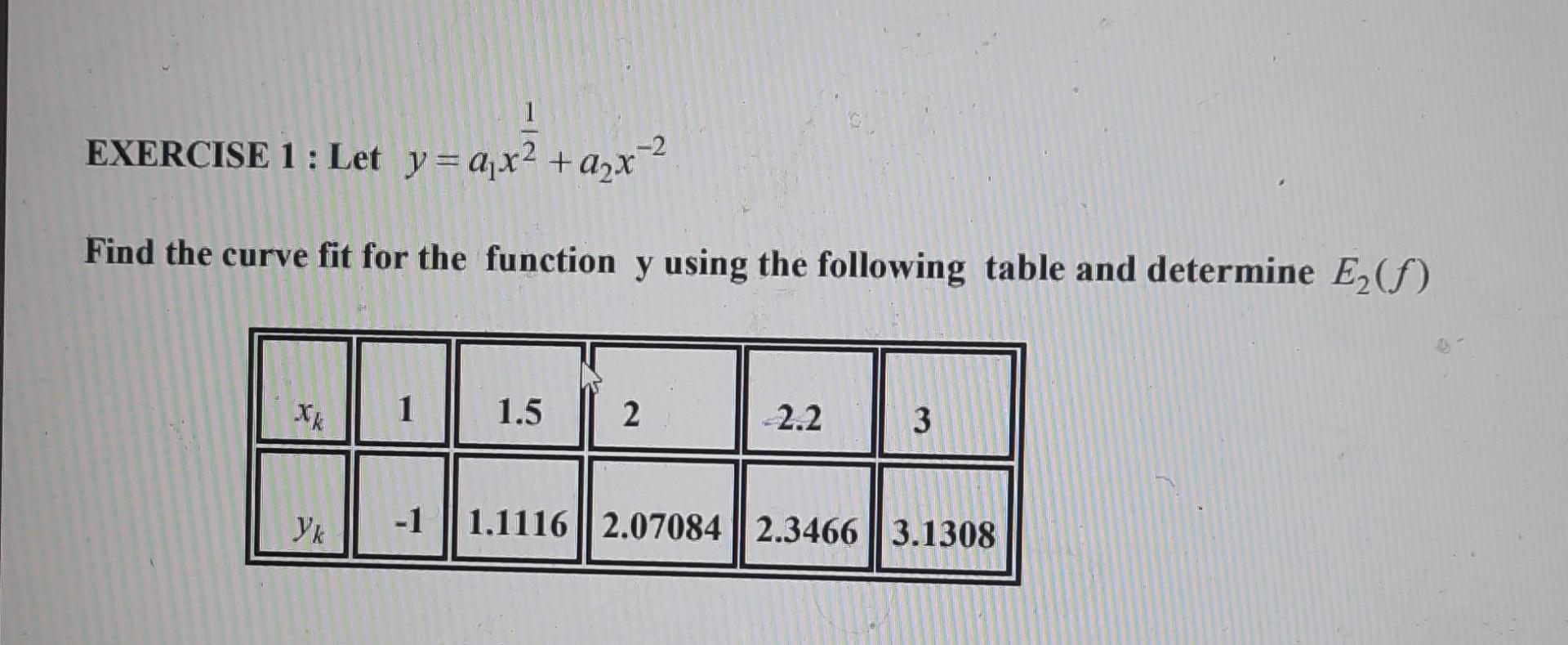 Solved EXERCISE 1 : Let y=a1x21+a2x−2 Find the curve fit for | Chegg.com