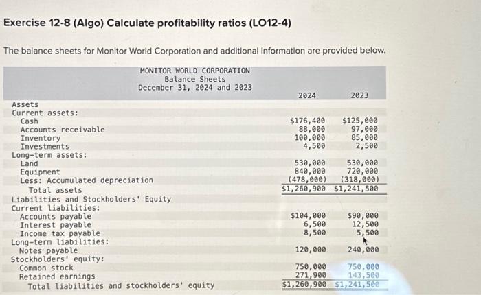 Solved Exercise 12-8 (Algo) Calculate profitability ratios | Chegg.com