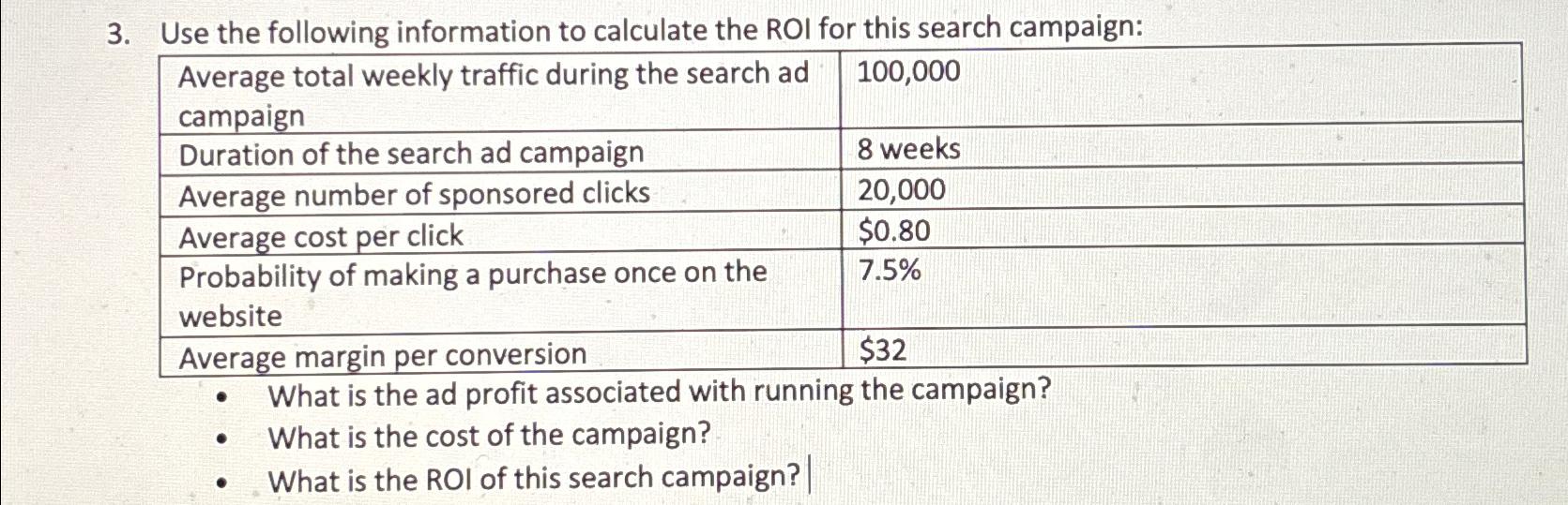 Solved Use the following information to calculate the ROI | Chegg.com