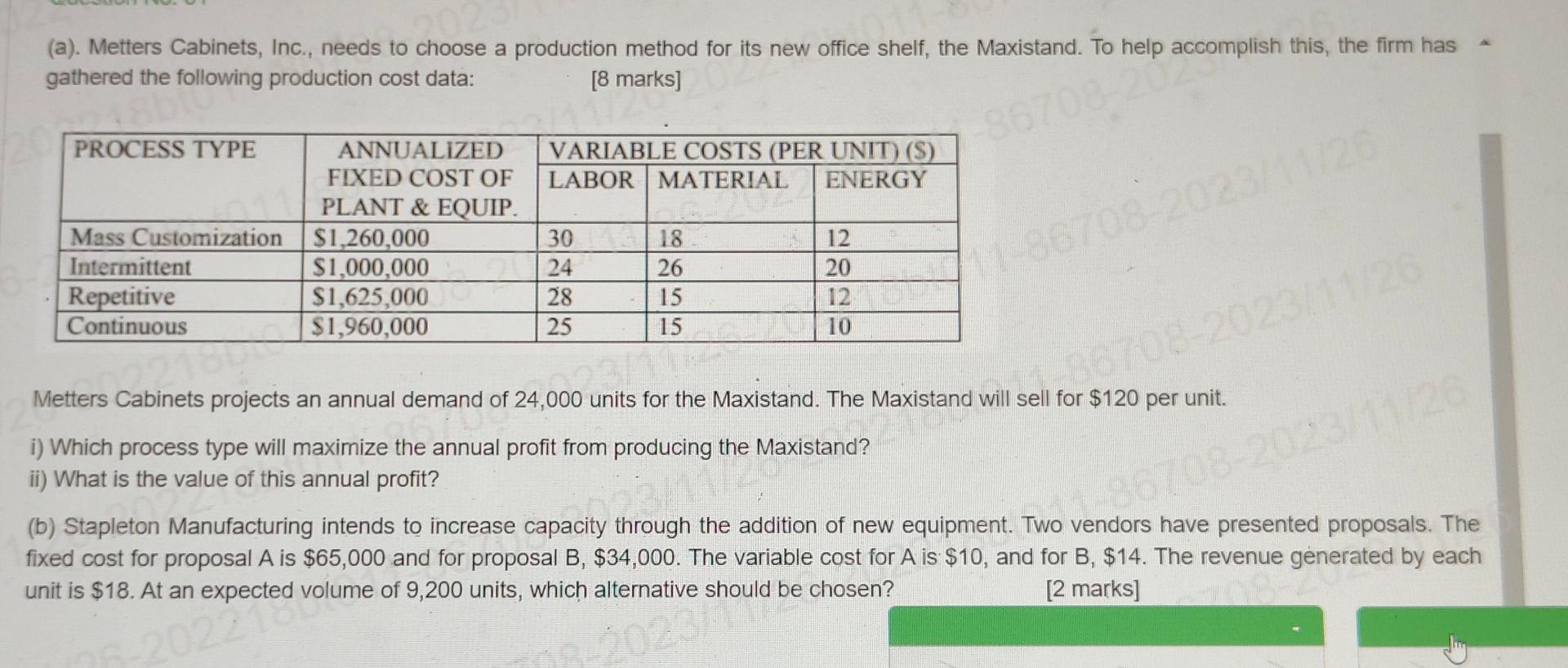 Solved (a). Metters Cabinets, Inc., needs to choose a | Chegg.com
