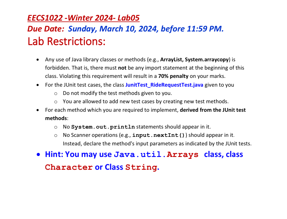 Solved EECS1022 -Winter 2024-Lab05Due Date: Sunday, March | Chegg.com