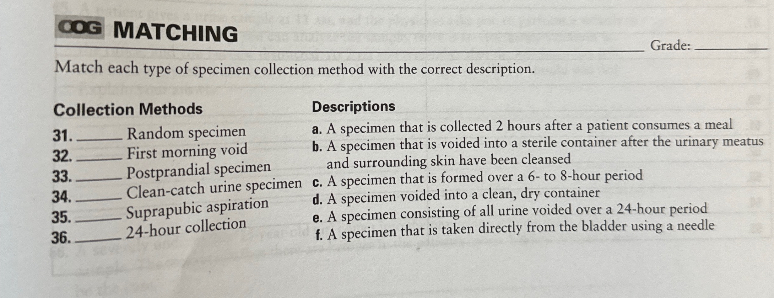 Solved COG MATCHINGGrade:Match each type of specimen | Chegg.com