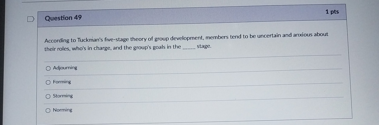 Solved Question 491 ﻿ptsAccording to Tuckman's five-stage | Chegg.com