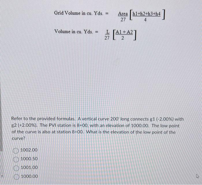 Solved Grid Volume in cu. Yds. =27 Area [4h1+h2+h3+h4] | Chegg.com