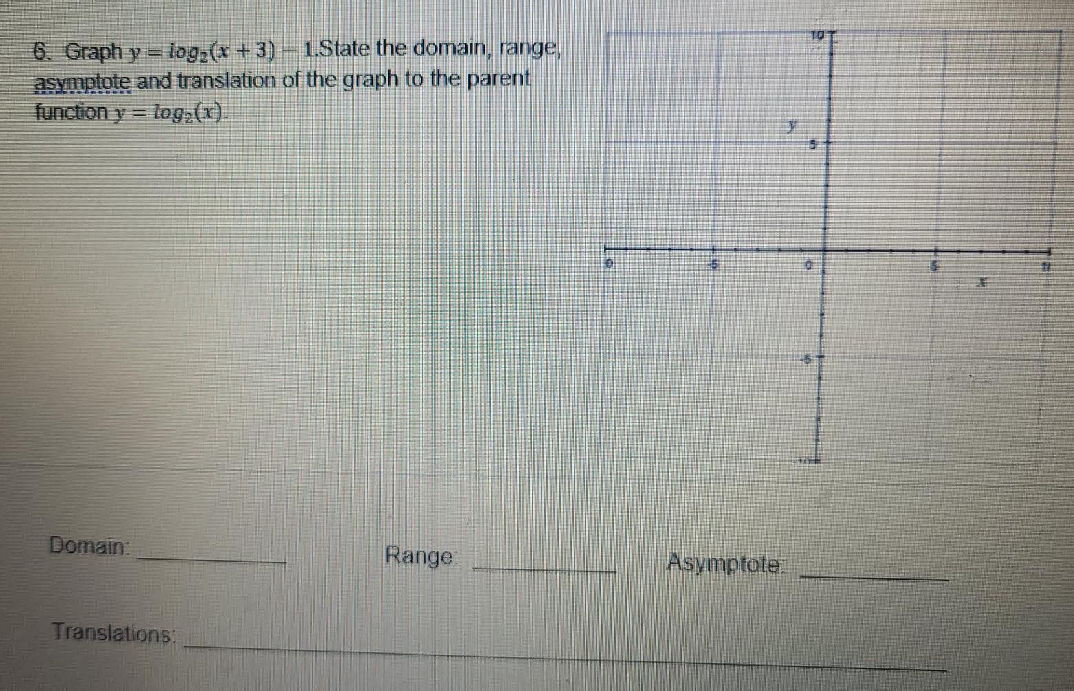 Solved 6. Graph y = log2(x + 3) - 1.State the domain, range, | Chegg.com