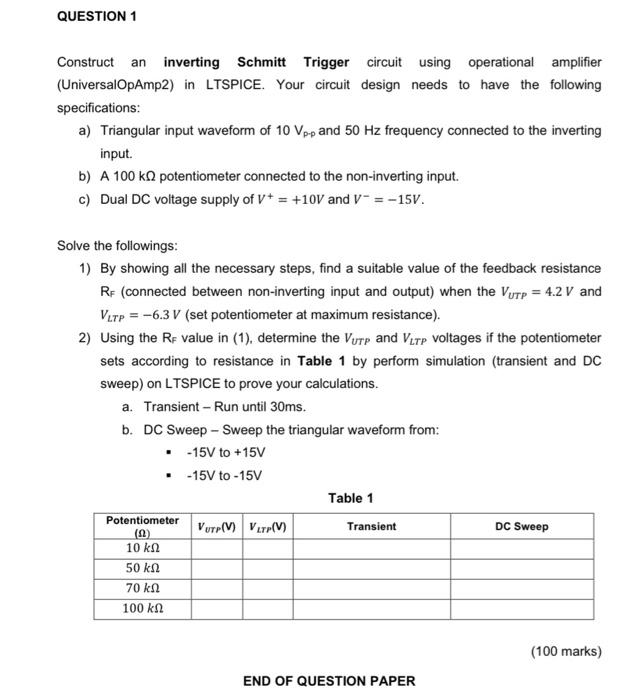 Solved Construct an inverting Schmitt Trigger circuit using | Chegg.com
