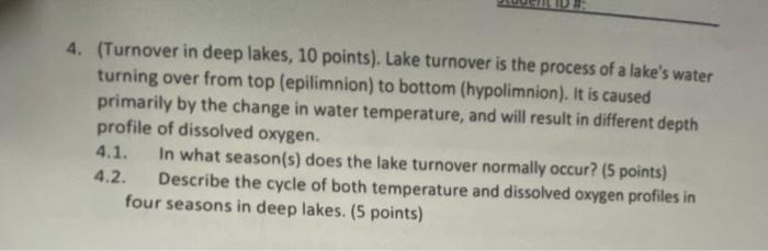 Solved 4. (Turnover in deep lakes, 10 points). Lake turnover | Chegg.com