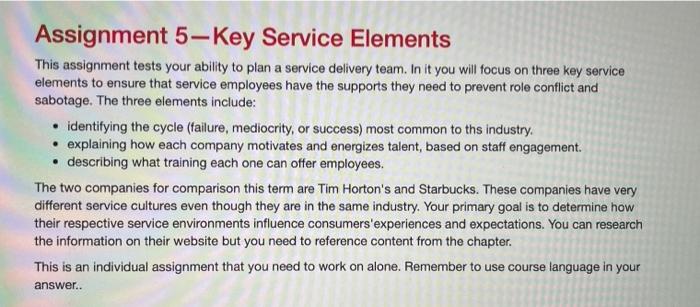 Solved Assignment 5-Key Service Elements This assignment | Chegg.com