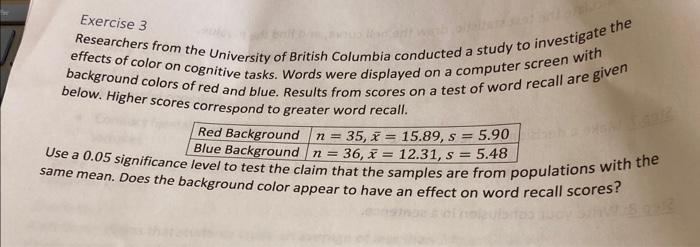 Solved Exercise 3 effects of color on cognitive tasks. Words | Chegg.com