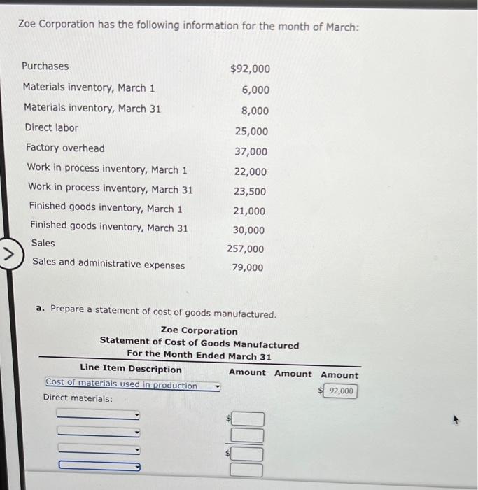 Solved Zoe Corporation has the following information for the | Chegg.com