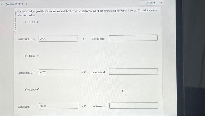 Solved For each codon, provide the anticodon and the | Chegg.com
