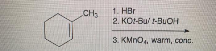 Solved CH3 1. HBr 2. KOt-Bu/ t-BuOH 3. KMnO4, warm, conc. | Chegg.com
