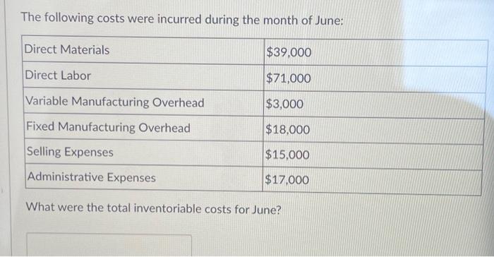 Solved The following costs were incurred during the month of | Chegg.com