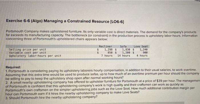 Solved Exercise 6-6 (Algo) Managing a Constrained Resource | Chegg.com