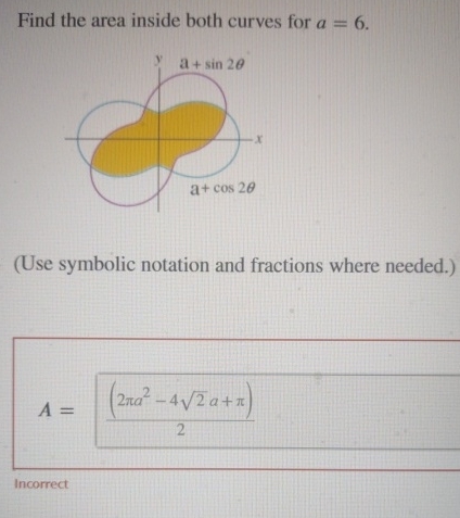 Solved Find the area inside both curves for a=6.(Use | Chegg.com