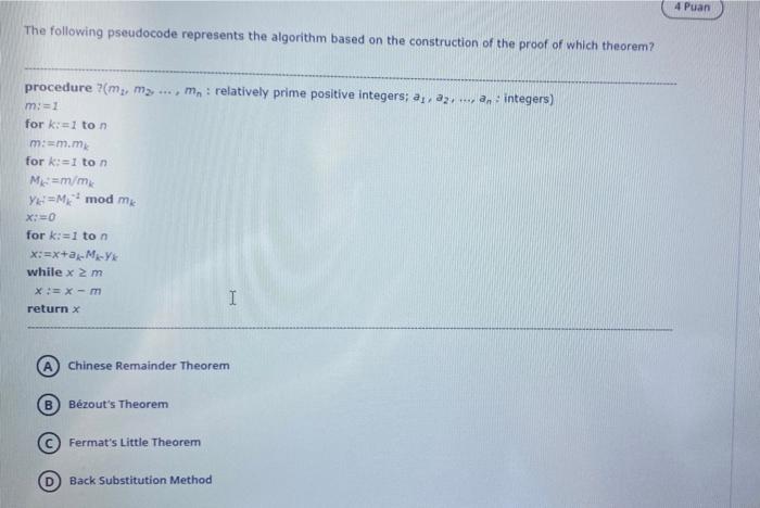 Solved 4 Puan The following pseudocode represents the | Chegg.com