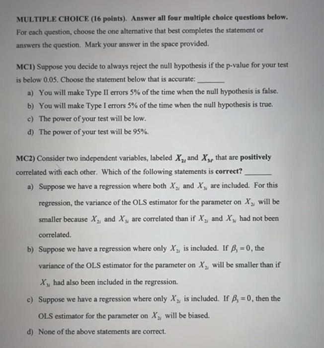 Solved MULTIPLE CHOICE (16 points). Answer all four multiple | Chegg.com