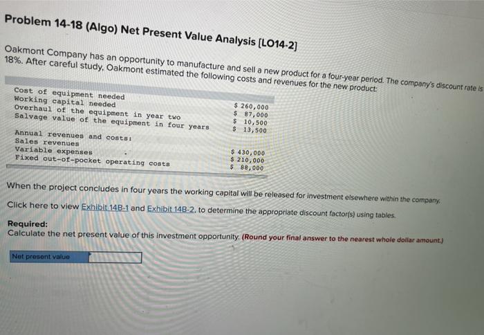 Solved Problem 14-18 (Algo) Net Present Value Analysis | Chegg.com
