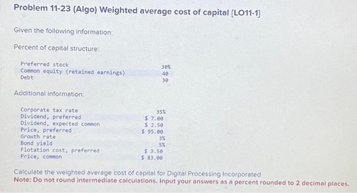 Solved Problem 11-23 (Algo) Weighted average cost of capital | Chegg.com