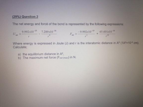 Solved (29%) Question 2 The net energy and force of the bond | Chegg.com