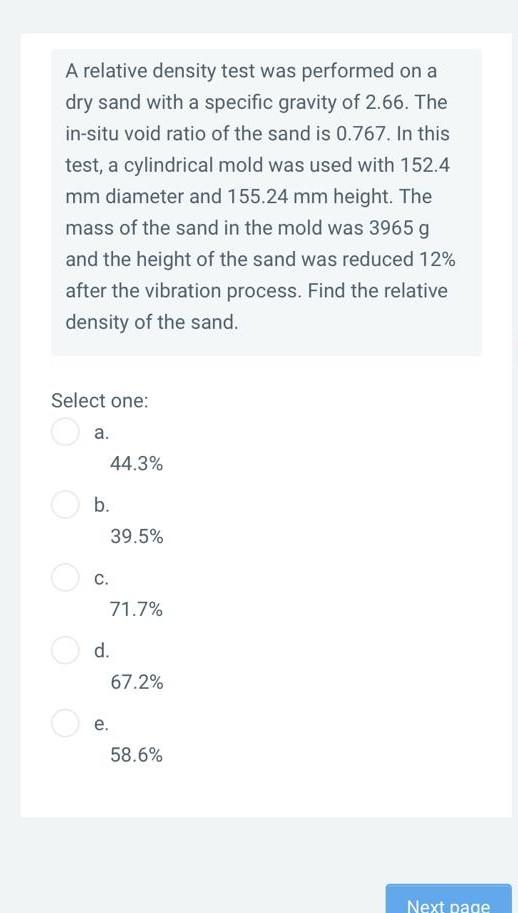 Solved A relative density test was performed on a dry sand | Chegg.com