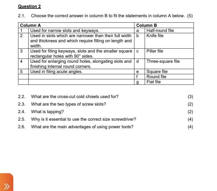 Solved Question 2 a 2.1. Choose the correct answer in column | Chegg.com