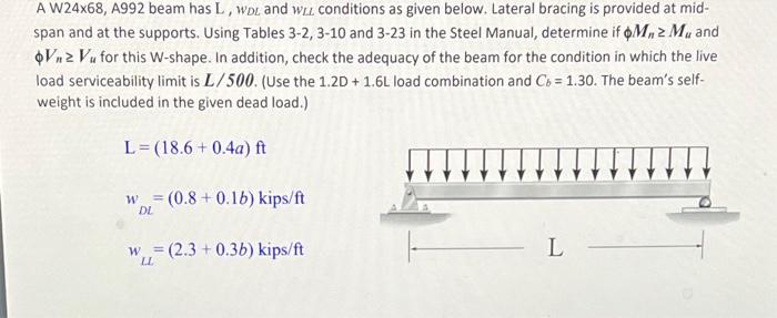 Solved A W24x68, A992 beam has L, WDL and we conditions as | Chegg.com