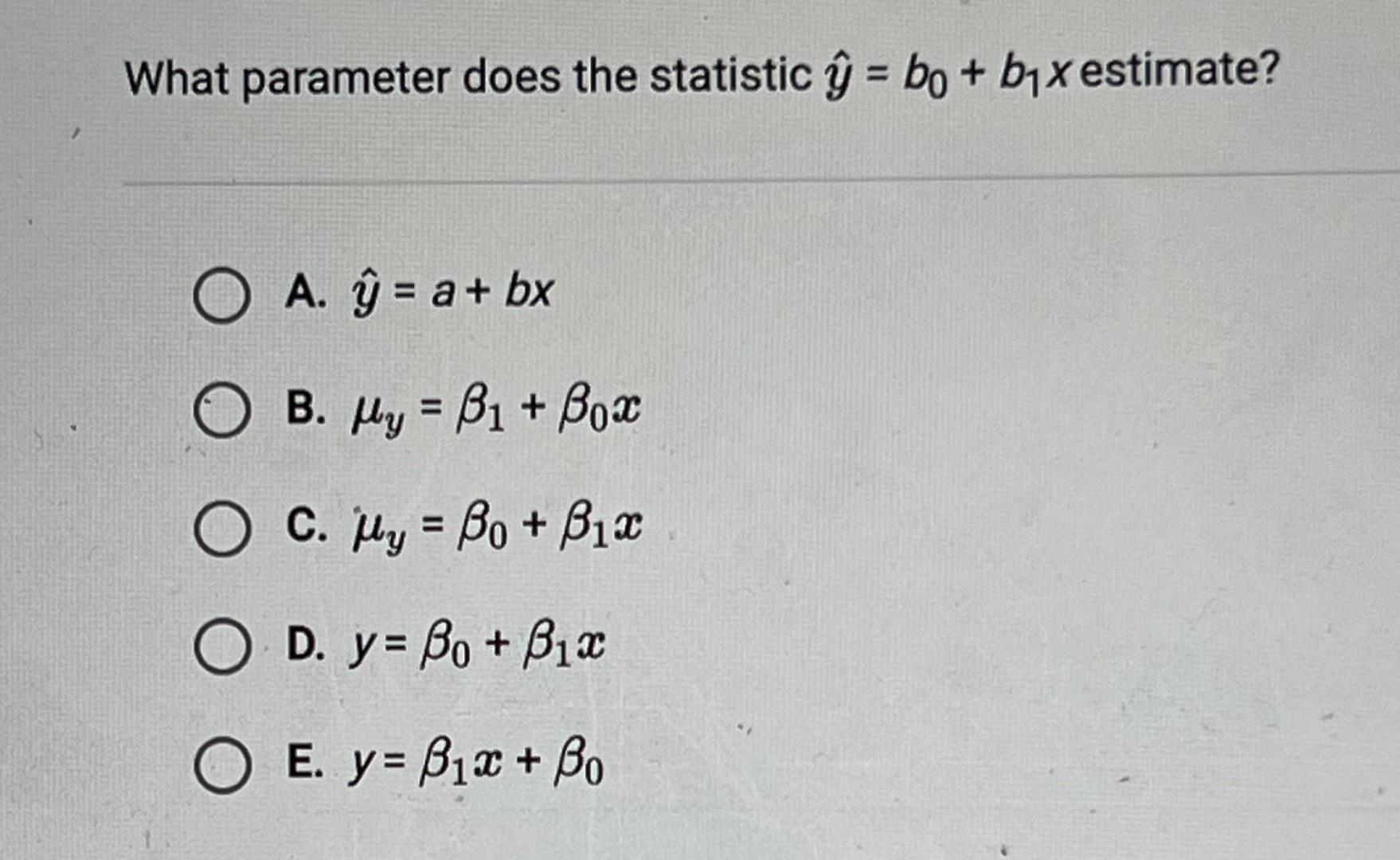 Solved What parameter does the statistic y^=b0+b1× estimate? | Chegg.com