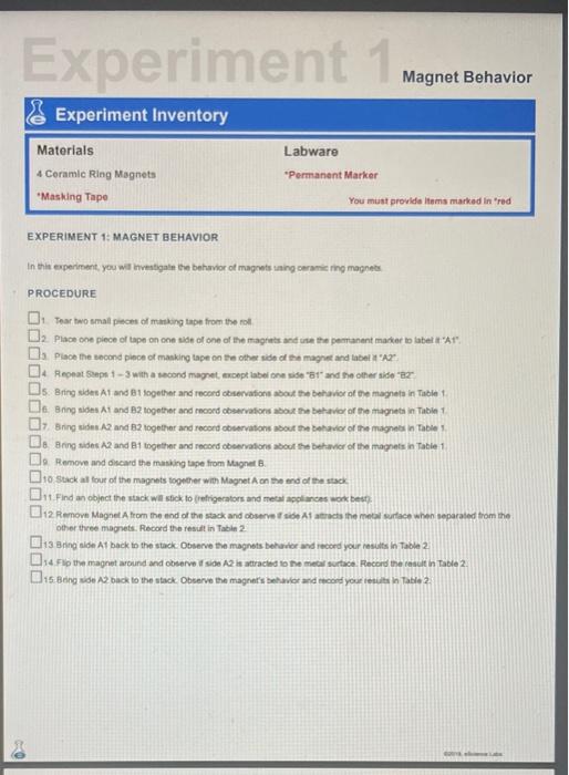 Solved Experiment1 Magnet Behavior Experiment Inventory | Chegg.com