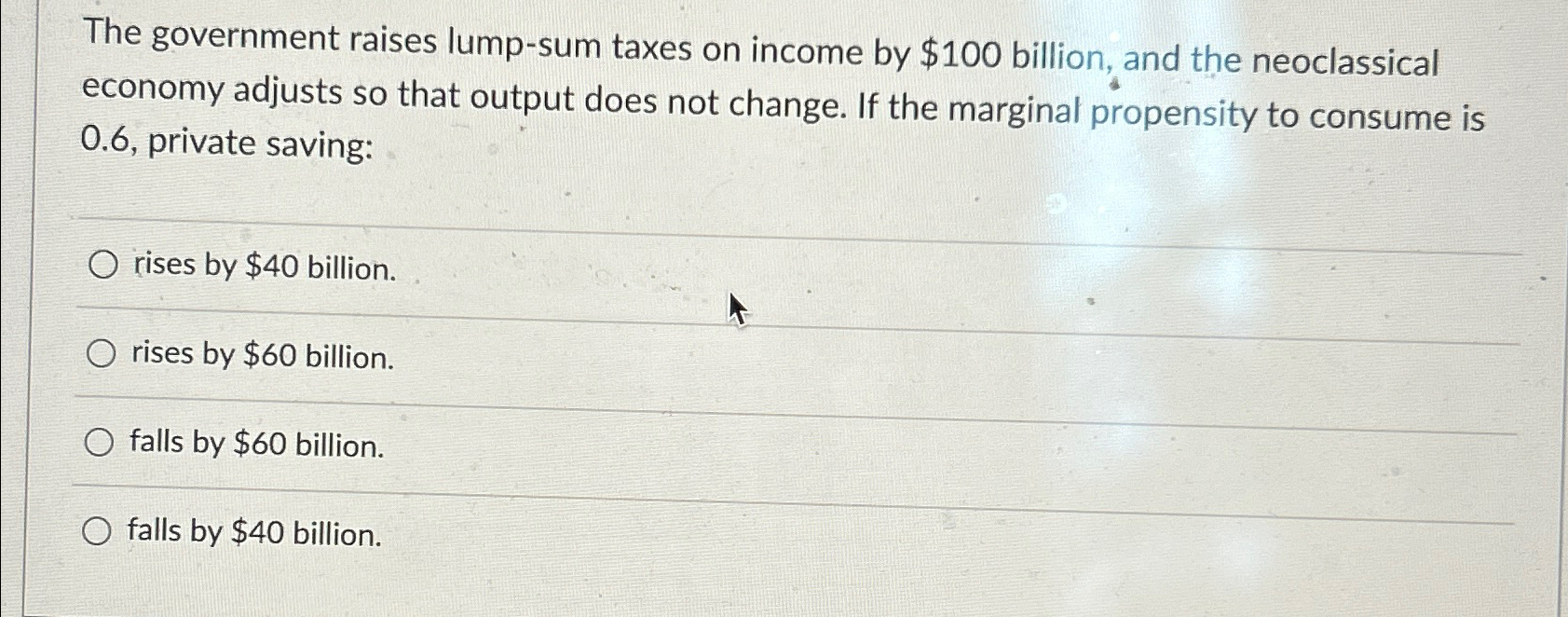 Solved The government raises lump-sum taxes on income by | Chegg.com
