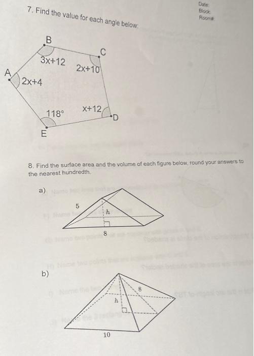 Solved 7. Find the value for each angle below. Date: Block: | Chegg.com