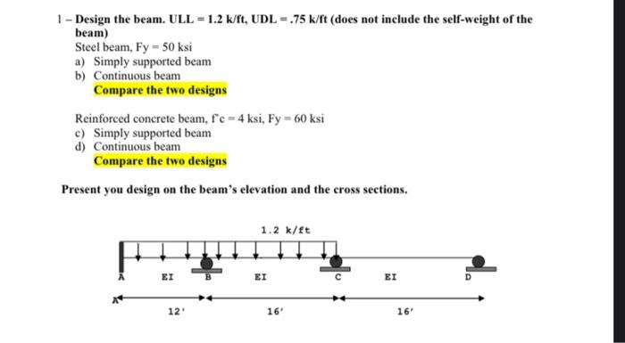 Solved 1 - Design the beam. ULL = 1.2 k/ft, UDL =.75 k/ft | Chegg.com