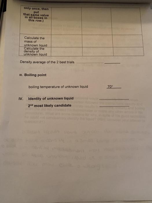 Solved 1. Identification of Unknown Liquid Your unknown is | Chegg.com