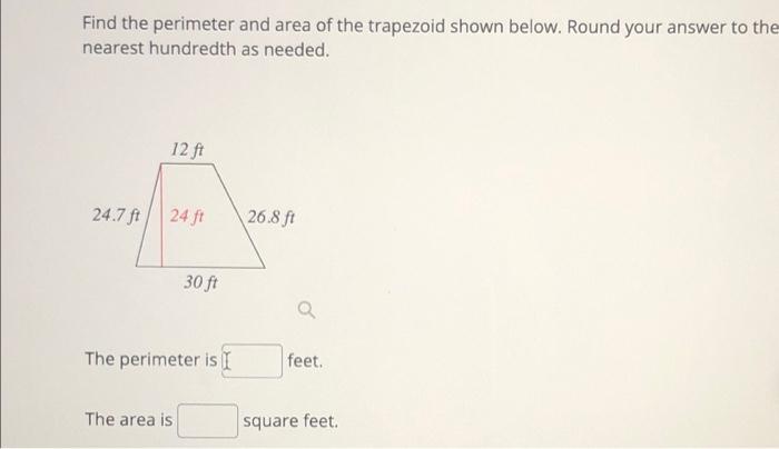 Solved Find the perimeter and area of the trapezoid shown | Chegg.com
